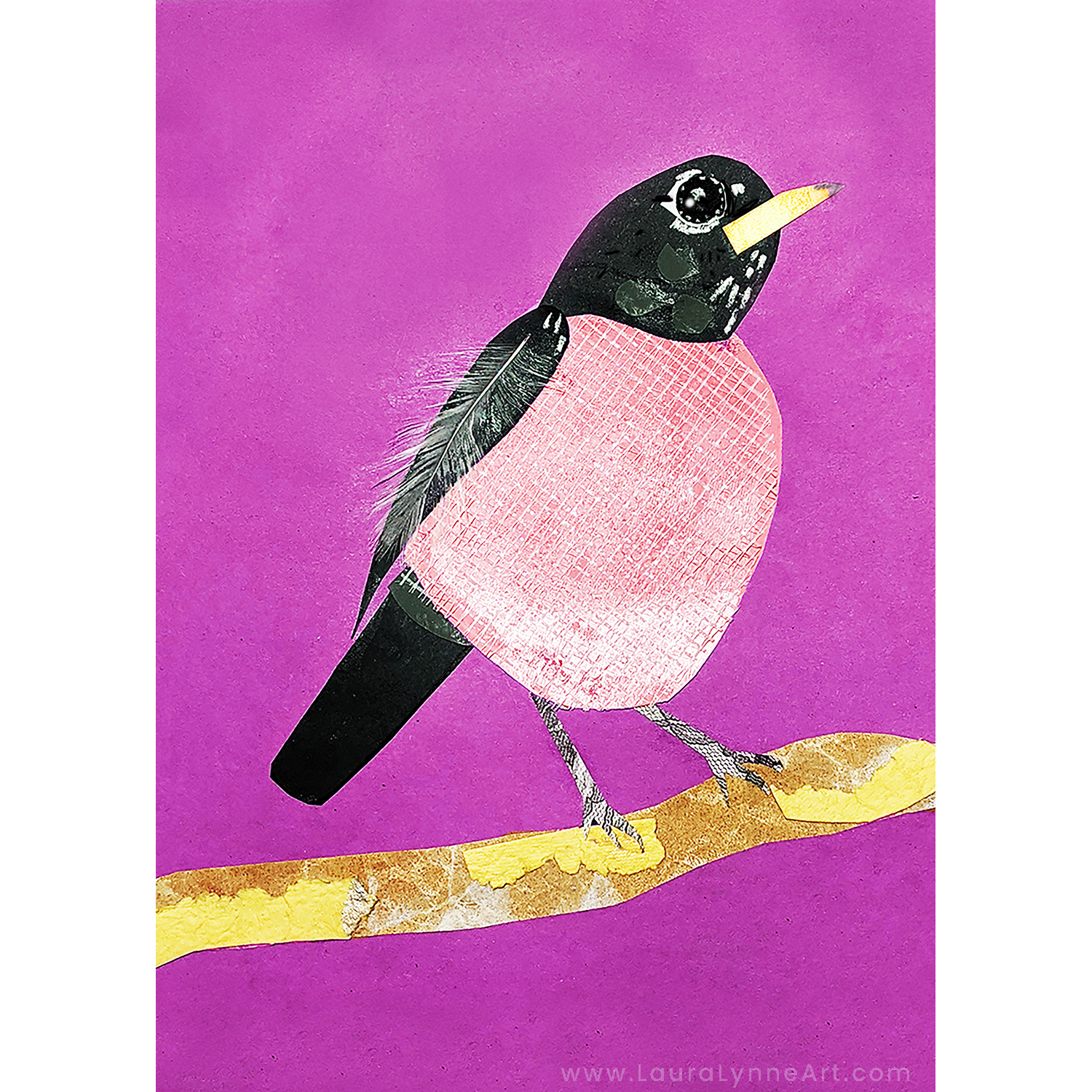 Pink Robin Bird Wall Art Print | Collage Nursery Art | Laura Lynne